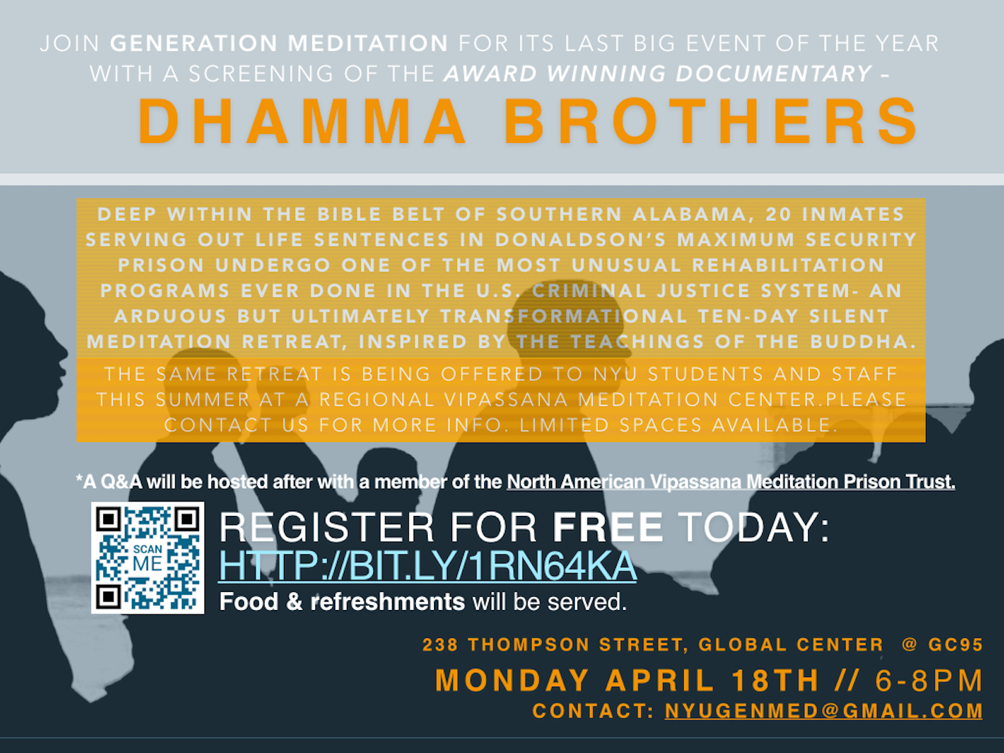 Dhamma Brothers Screening at NYU | Vipassana Meditation Center – Dhamma ...
